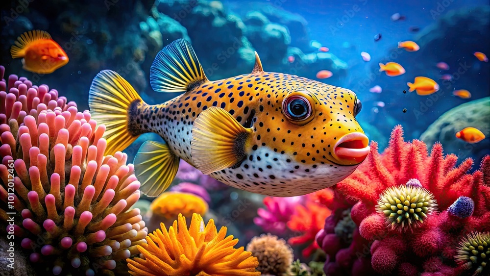 Colorful puffy fish swimming gracefully in vibrant coral reef ...