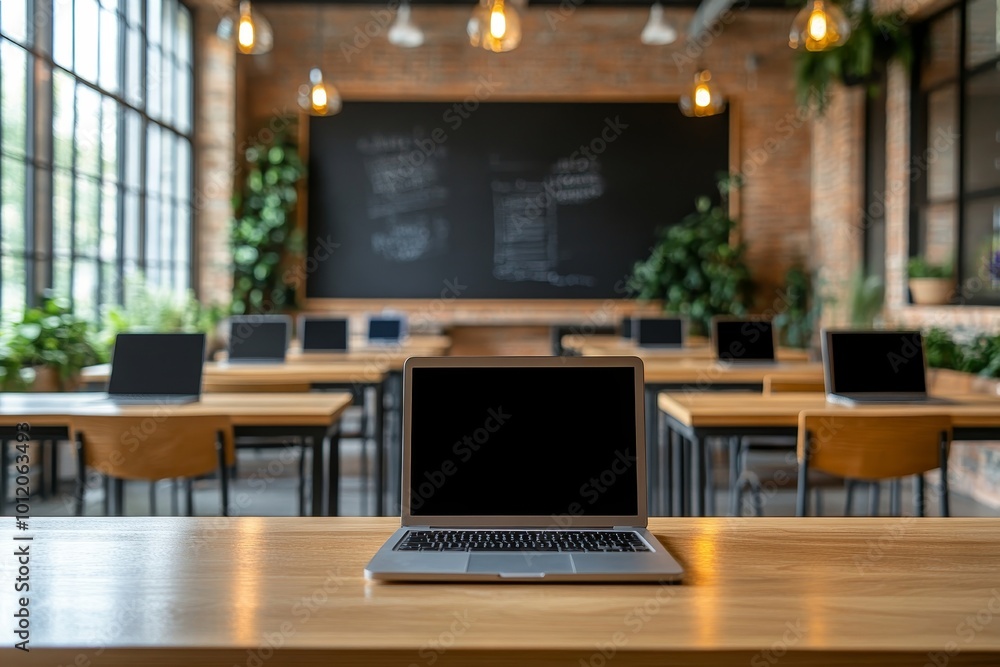 Background image of modern empty classroom equipped with laptops on ...