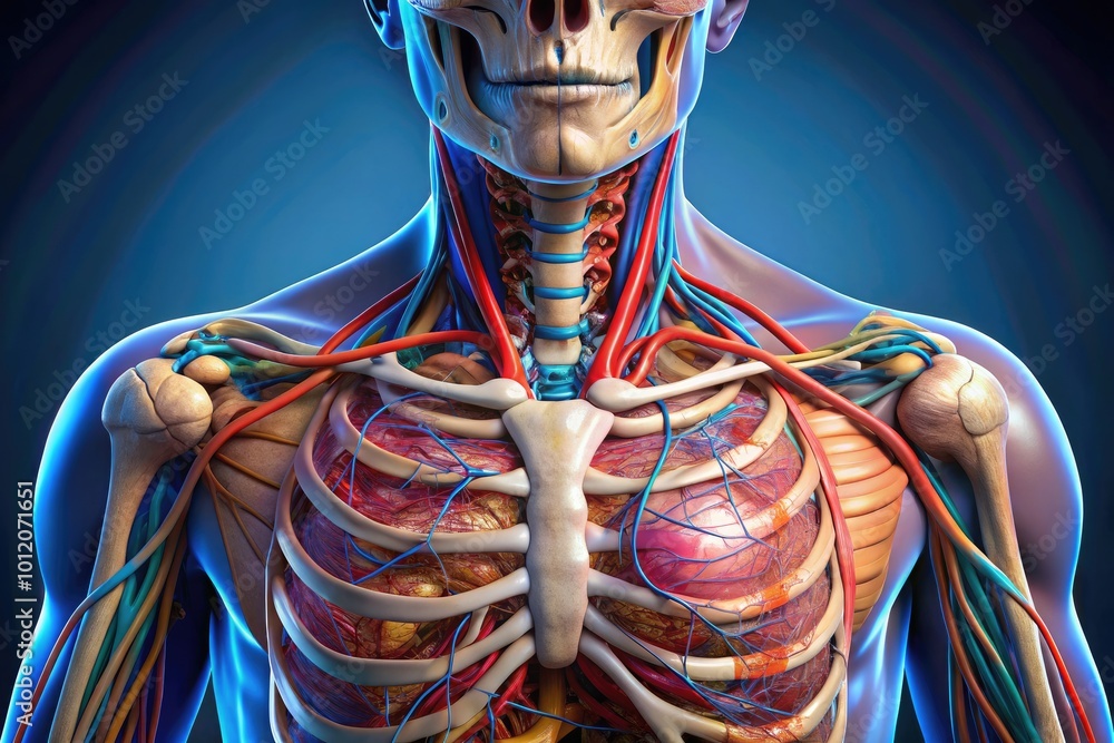 Detailed Anatomical Illustration of the Thoracic Cavity with Organs and ...