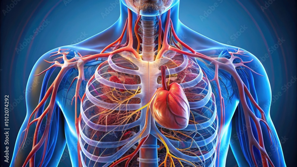Detailed Anatomy of the Thoracic Cavity with Lungs, Heart, and Major ...