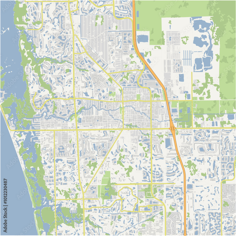 Map of Bonita Springs in Florida in a normal road map style. Contains layered vector with roads ...