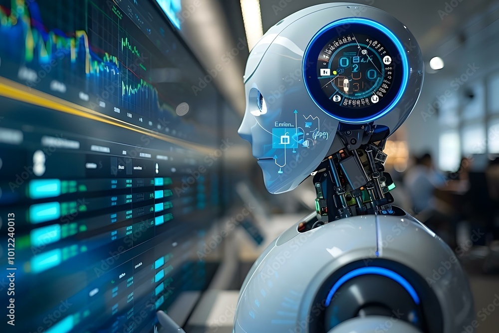 Humanoid Robot Looking At KPI Data On Computer Screen, robot, data, ai ...