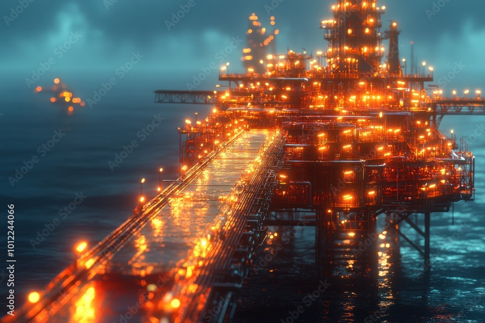 Illuminated offshore oil rig platform at night with a helicopter flying ...