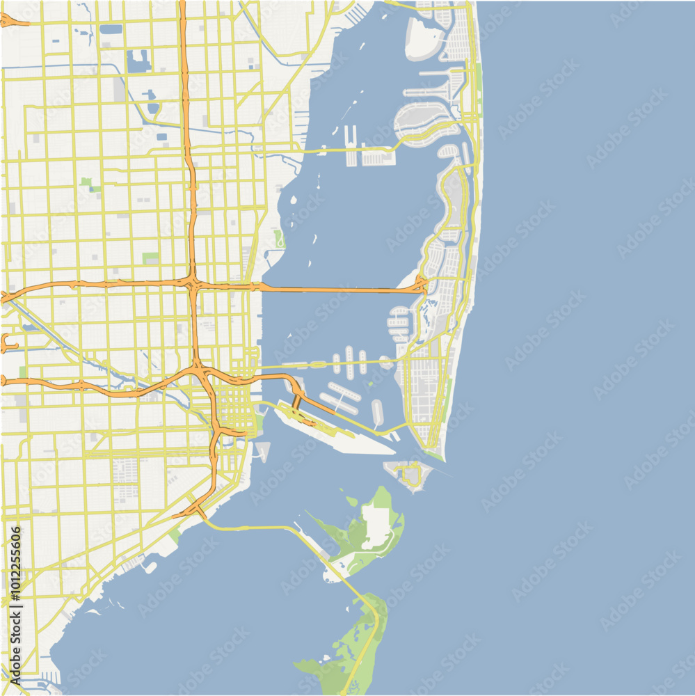 Map of Miami Bay in Florida in a normal road map style. Contains ...