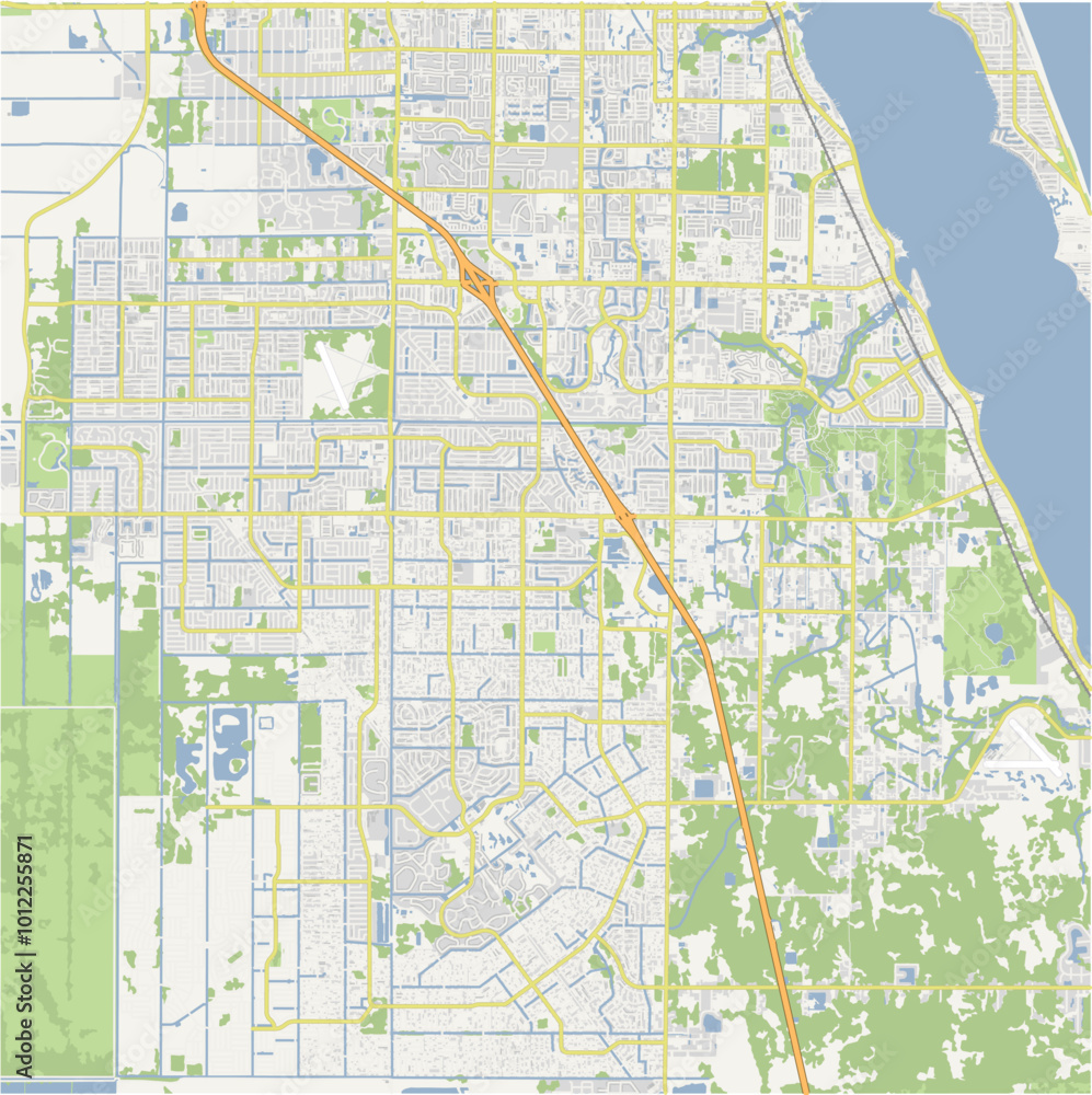 Map of Palm Bay in Florida in a normal road map style. Contains layered vector with roads water ...