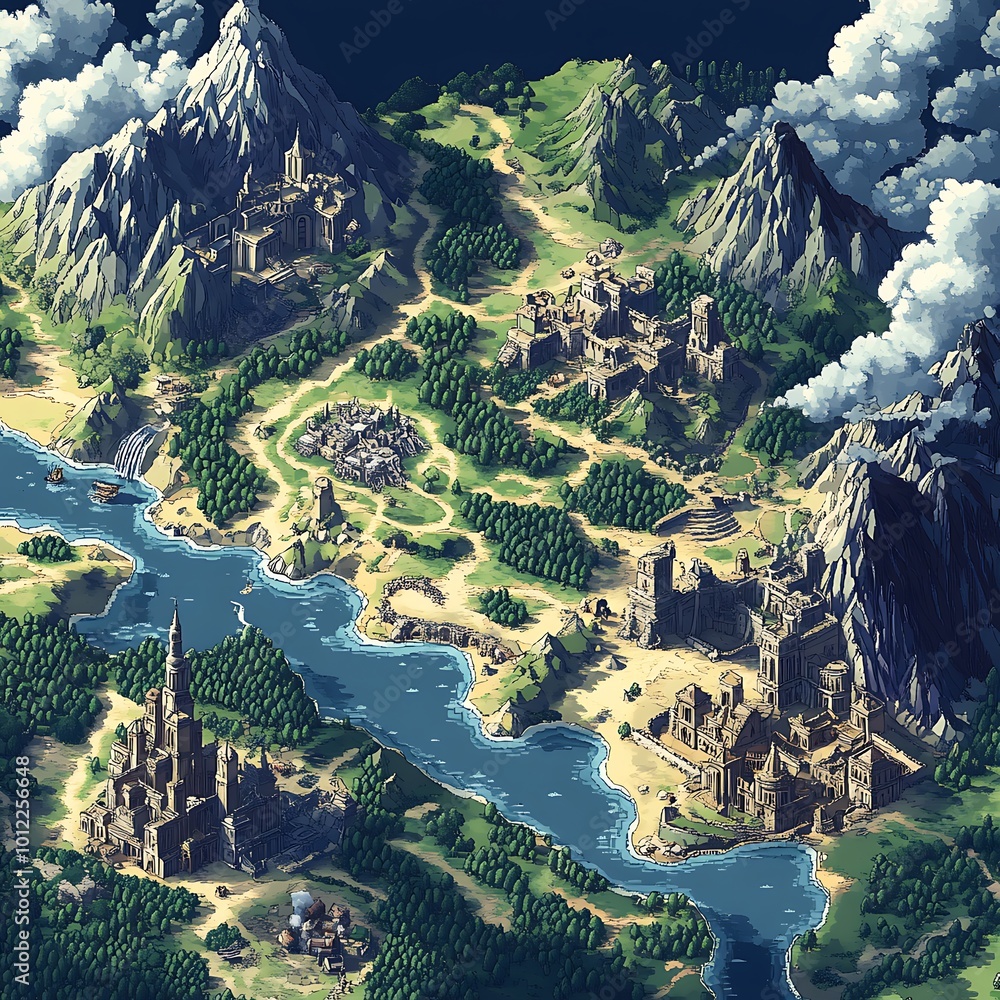 Fantasy world map with mountains, river, and medieval castles. RPG game concept background Stock ...