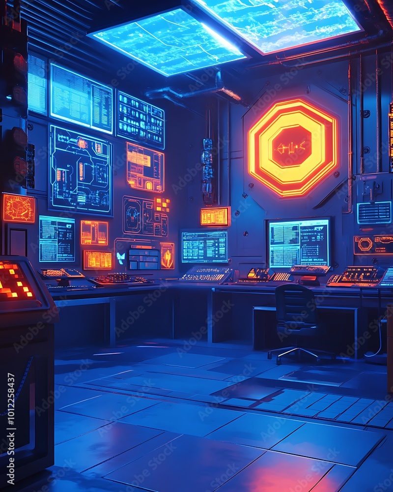 Futuristic cyberpunk control room with glowing screens, neon lights, and a stop sign. Cyberpunk ...