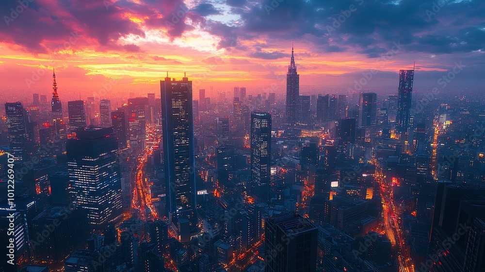 Skyscrapers creating a dramatic city skyline beneath a glowing sunset ...