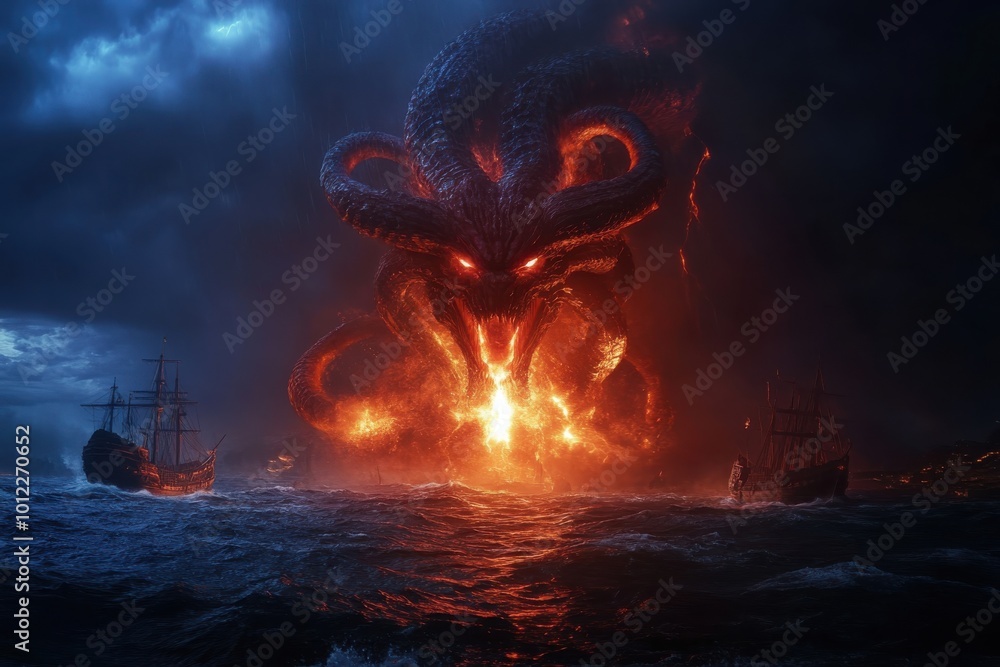 A titanic octopus-like entity with burning eyes emerges amidst the sea ...