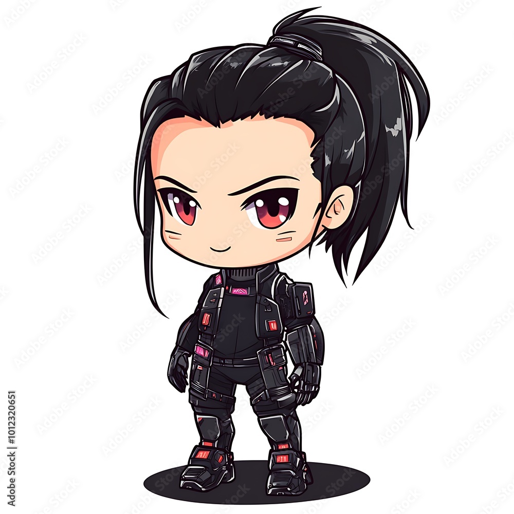 Cute chibi anime girl with black hair in ponytail wearing futuristic ...