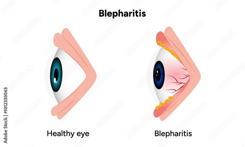 Blepharitis eye disease. Ophthalmology Inflamed sick human eye and ...