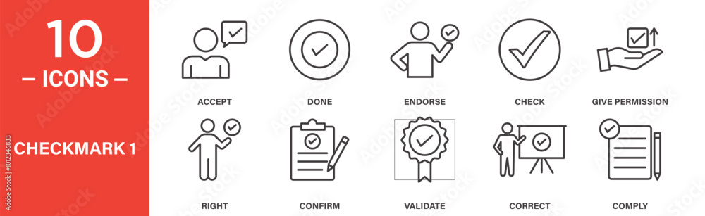 Checkmark and Validation Icon Set: 10 Line Icons Including Accept ...