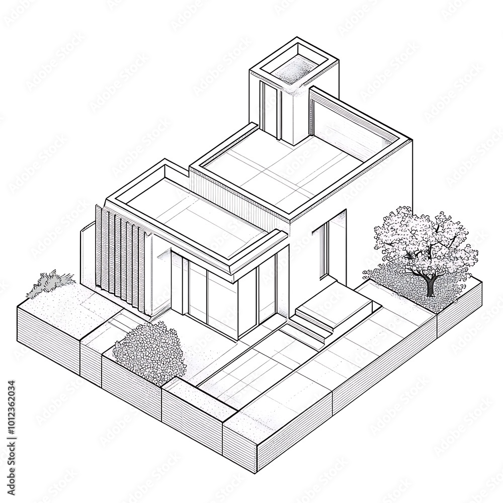 Isometric drawing of modern house exterior with garden and patio Stock ...