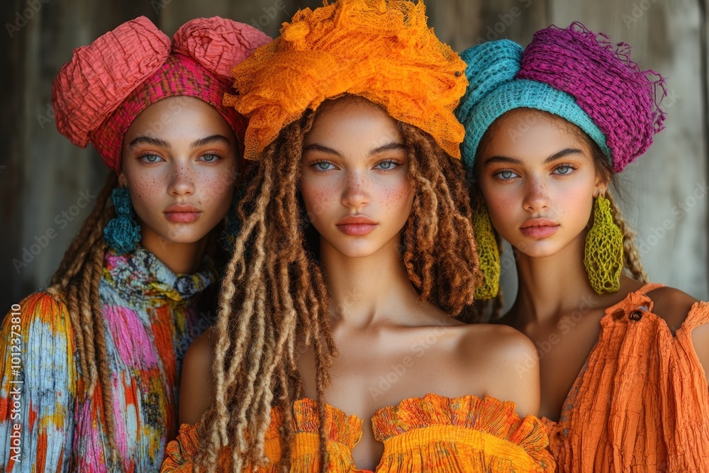 Stock-Foto „Three young women with dreadlocks and colorful head wraps ...