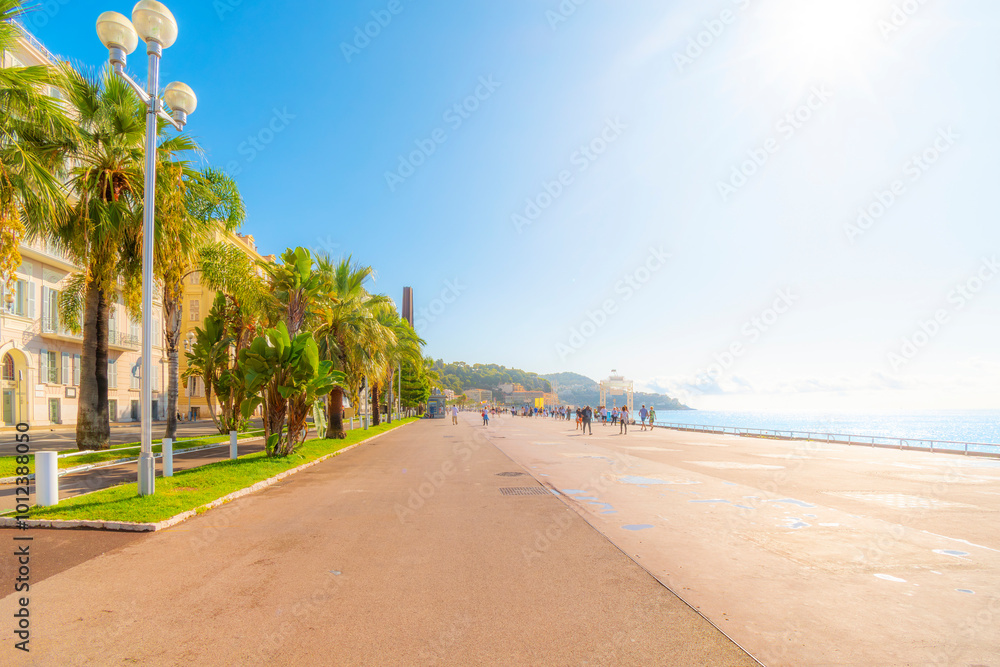 The wide pedestrian Promenade des Anglais seaside walkway along the ...