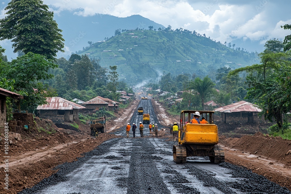 Workers paving a road in a rural village in Africa, with mountains in ...