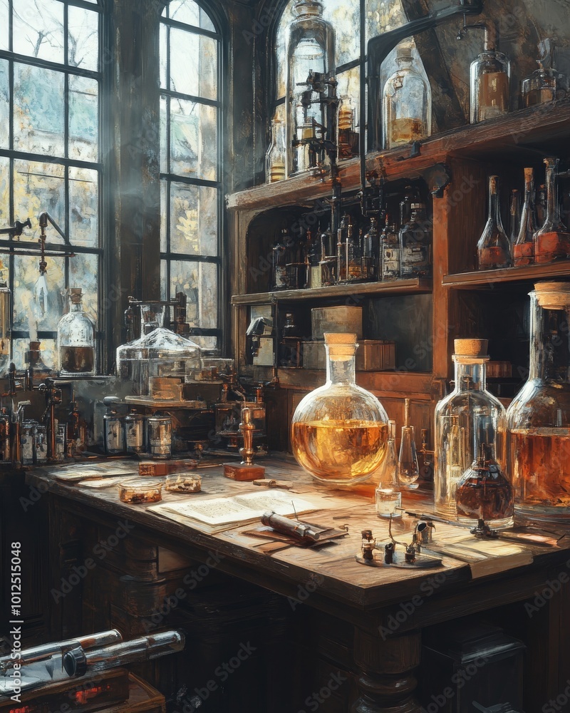 Vintage laboratory with glass flasks and wooden shelves filled with ...