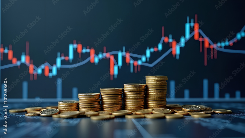 Stock market graph with fluctuating lines and coins representing ...