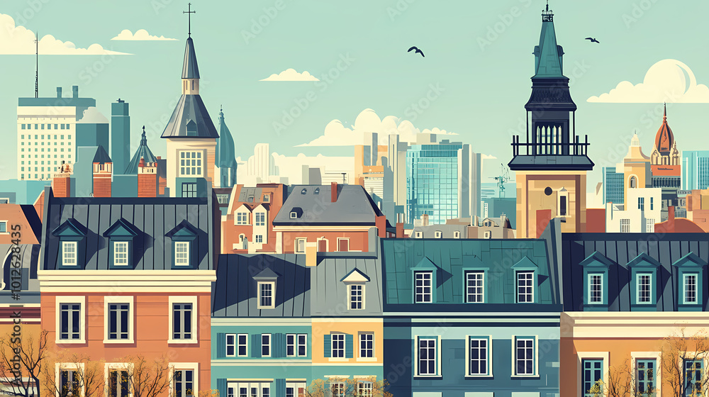 Montreal cityscape with traditional houses, roofs, churches, bell ...