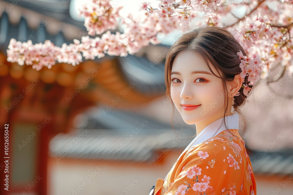 Korean woman smile wearing traditional korean hanbok cloth in cherry ...