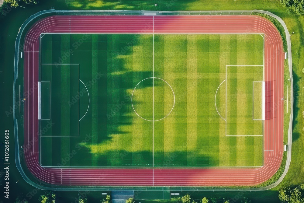 Half soccer field and football field with red running track numbers ...