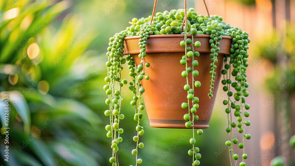 Forced perspective image of hanging Green Senecio Rowleyanus in a ...