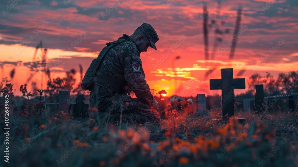 Respectful Salute: Military Veteran Kneeling at Sunset Over Fallen ...