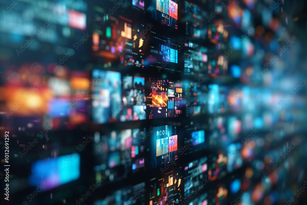 Abstract multimedia background featuring various channel images for web ...