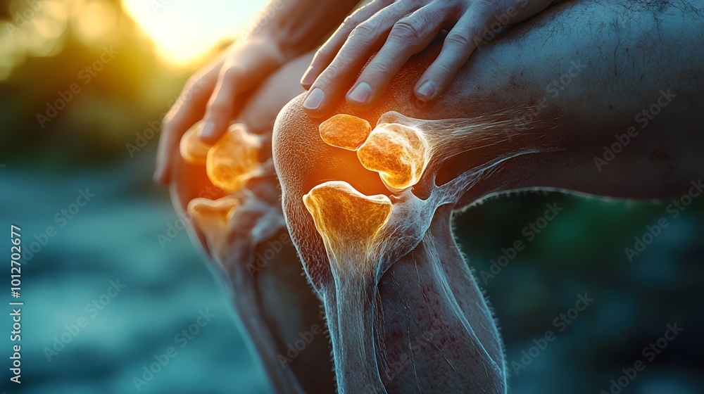 Detailed close-up of a knee joint with worn-out cartilage, The meniscus ...