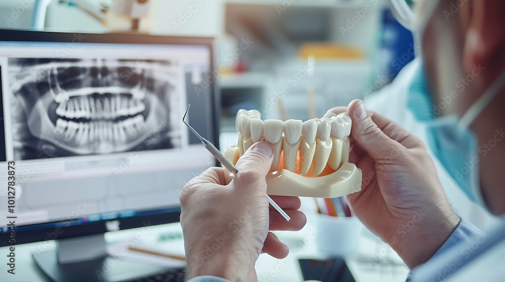 Dentist explaining process of root canal therapy to a patient using ...