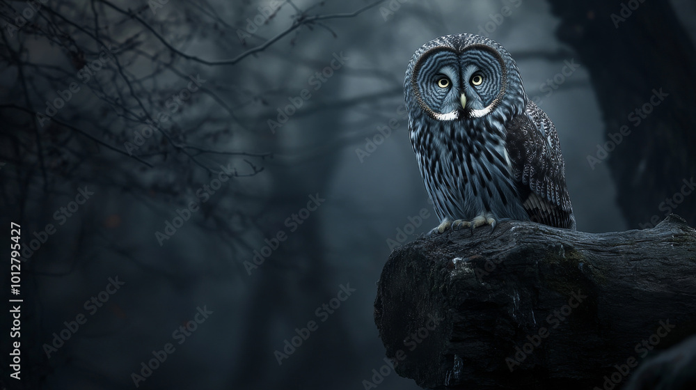 A large, grey owl, fully grown, captured in a picture. The owl is kept ...