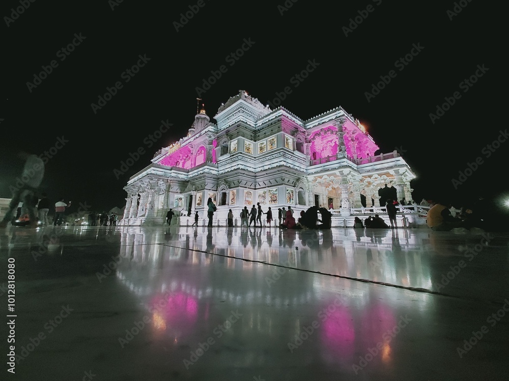 Prem Mandir Vrindavan Illuminated at Night with Vibrant Colors Stock ...