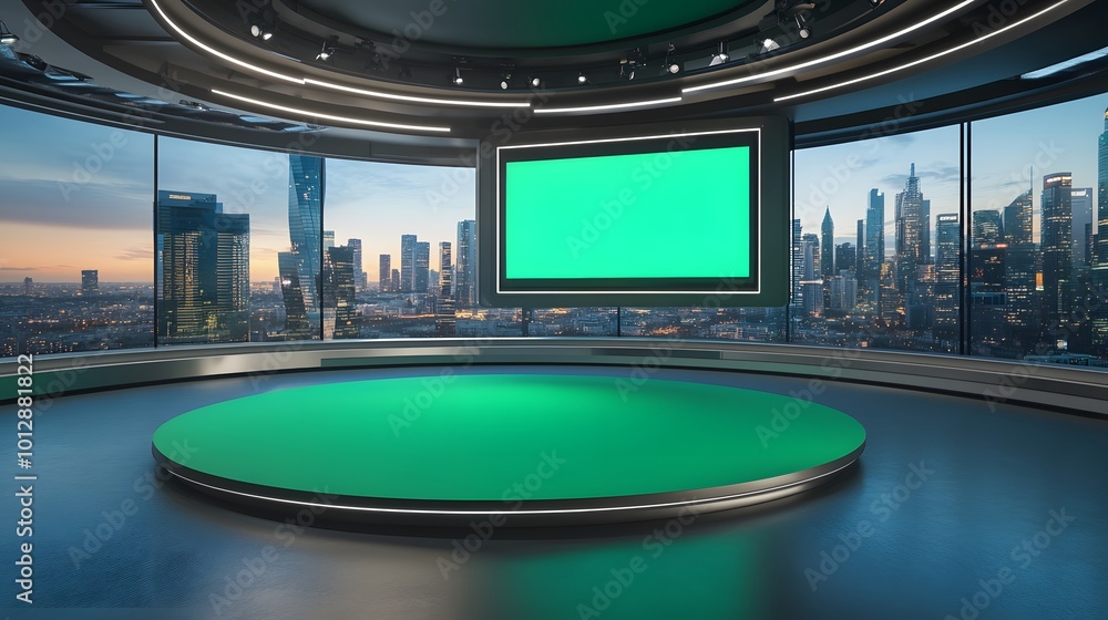 A virtual TV studio news set with a green screen background, featuring ...