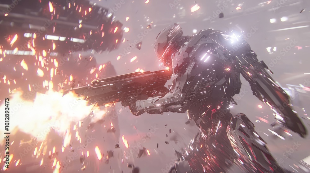 Futuristic Hostile AI Robot Engaging in Combat with Military Unit Amid ...