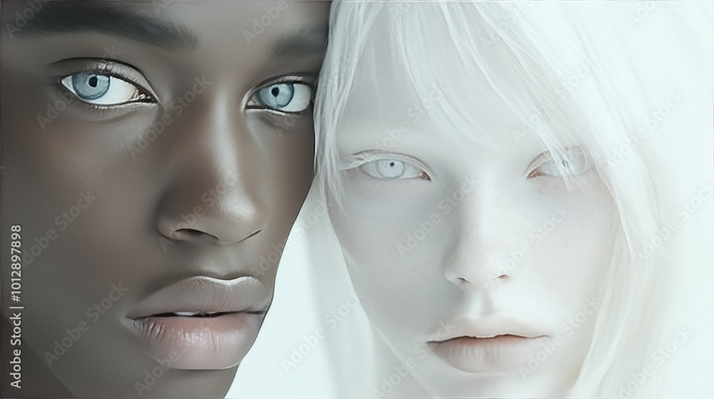 A high-fashion portrait featuring two models with opposite skin tones ...