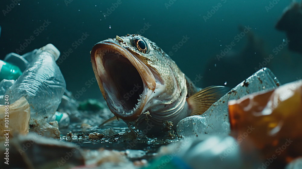 Underwater scene featuring fish with its mouth open, surrounded by ...