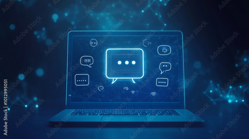 A laptop screen shows a chat bot logo with speech bubbles,question ...
