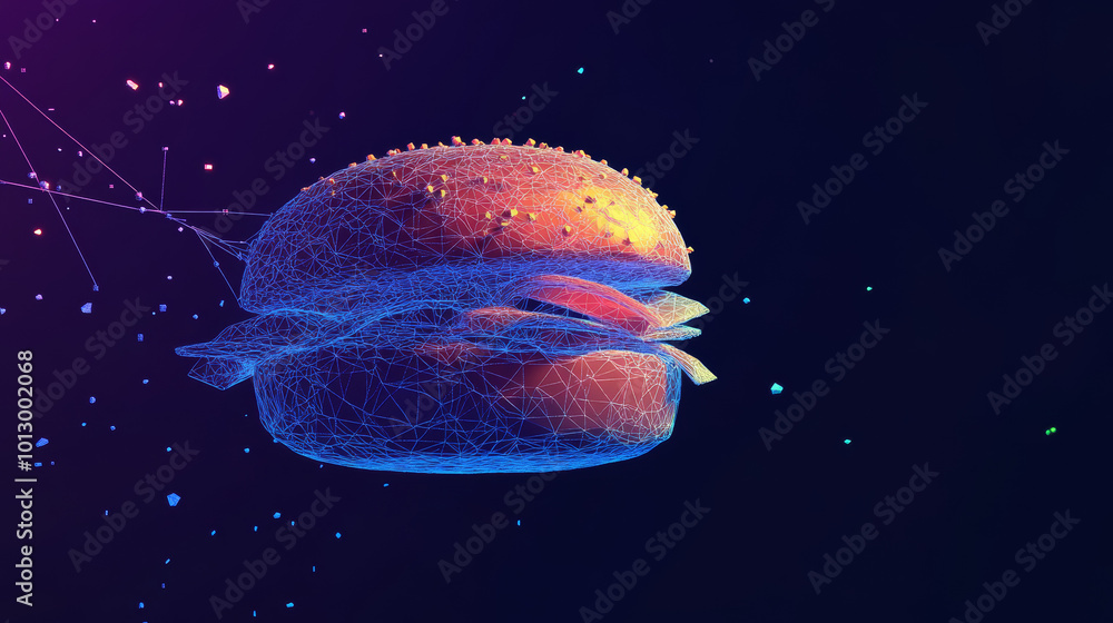 A simple, geometric burger design made from lines and spheres. It looks ...