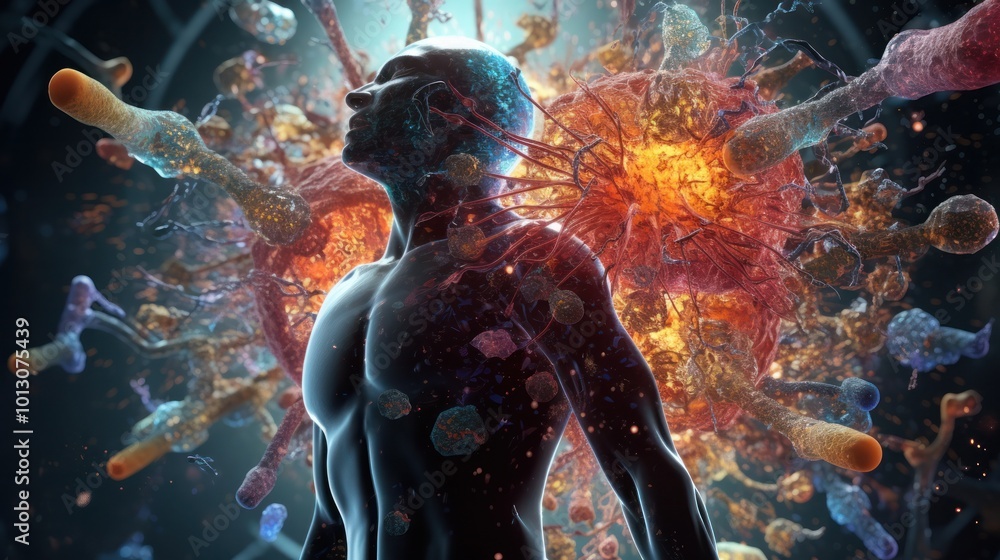 An animated concept art showing nanomedicine particles interacting with ...
