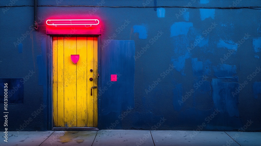 Yellow door with a red stripe on it. There is a red light on the door ...