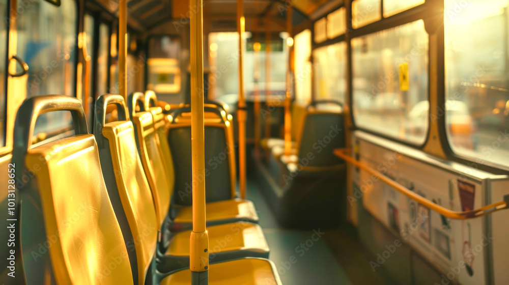 Interior of an empty city bus with bright seats and natural light ...