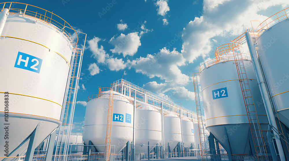 Large storage tanks with H2 and HYDROGEN labels on a blue sky ...