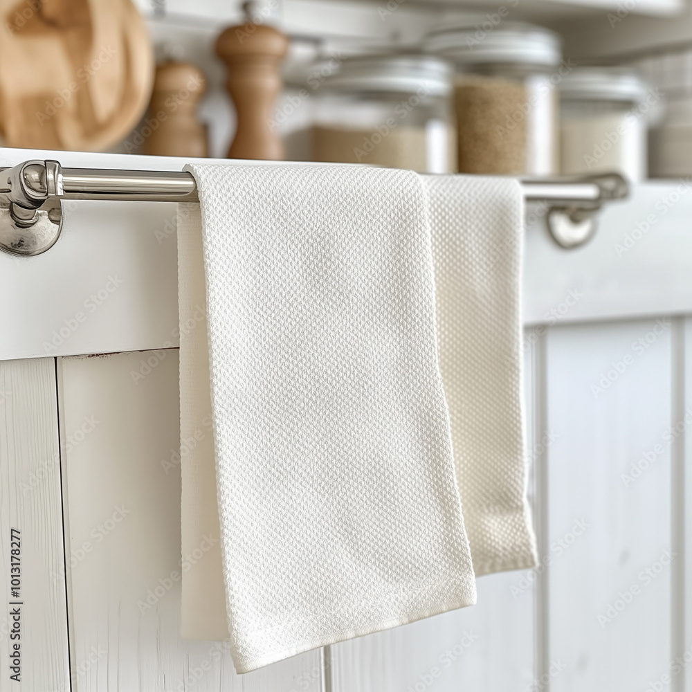Hanging kitchen towel mock up. White linen tea towel, rustic kitchen ...