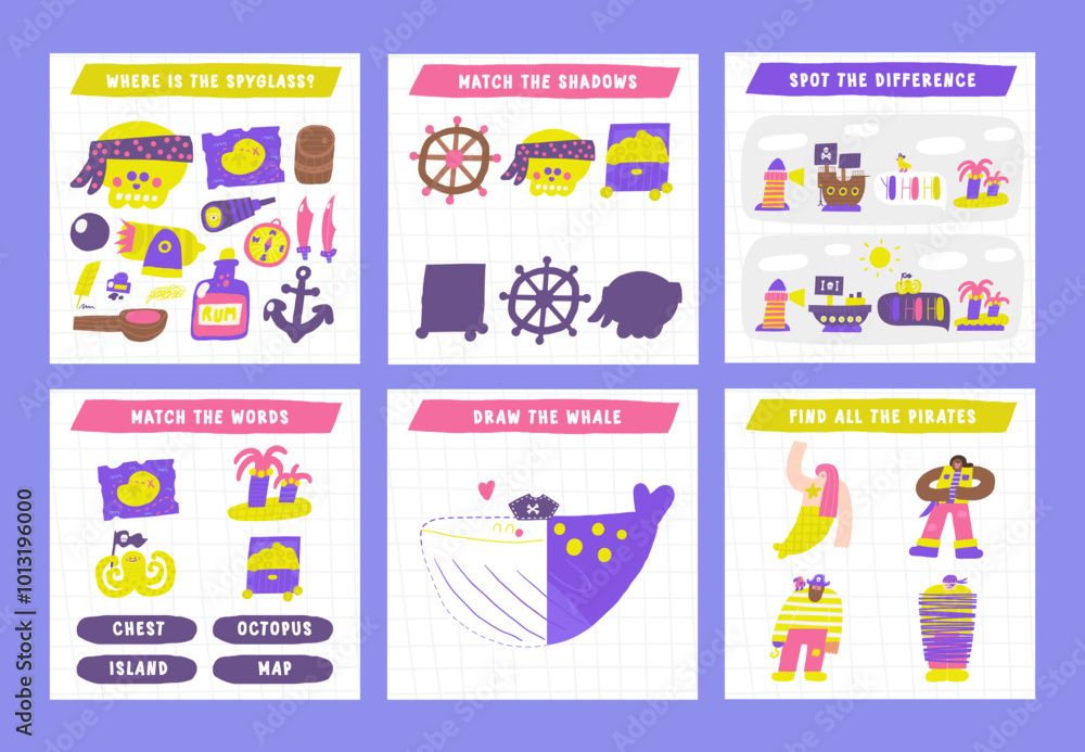 Vector de Stock Learn pirate games set for kids. Cute hand drawn doodle ...