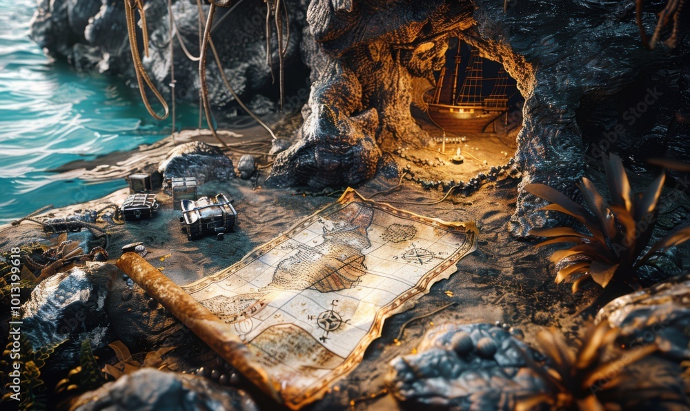 Illustration Stock Pirate captain's treasure map leading to a remote ...