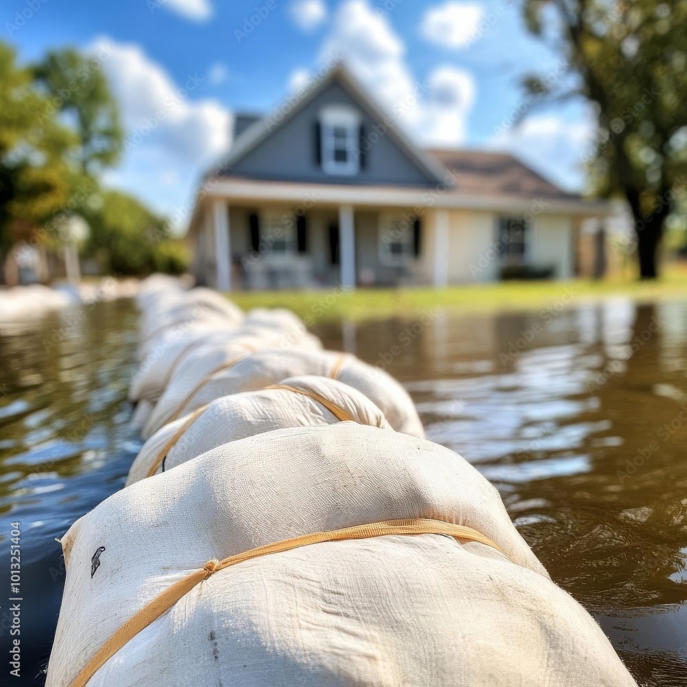 Sandbag barriers surrounding homes to prevent further flooding, Flood ...
