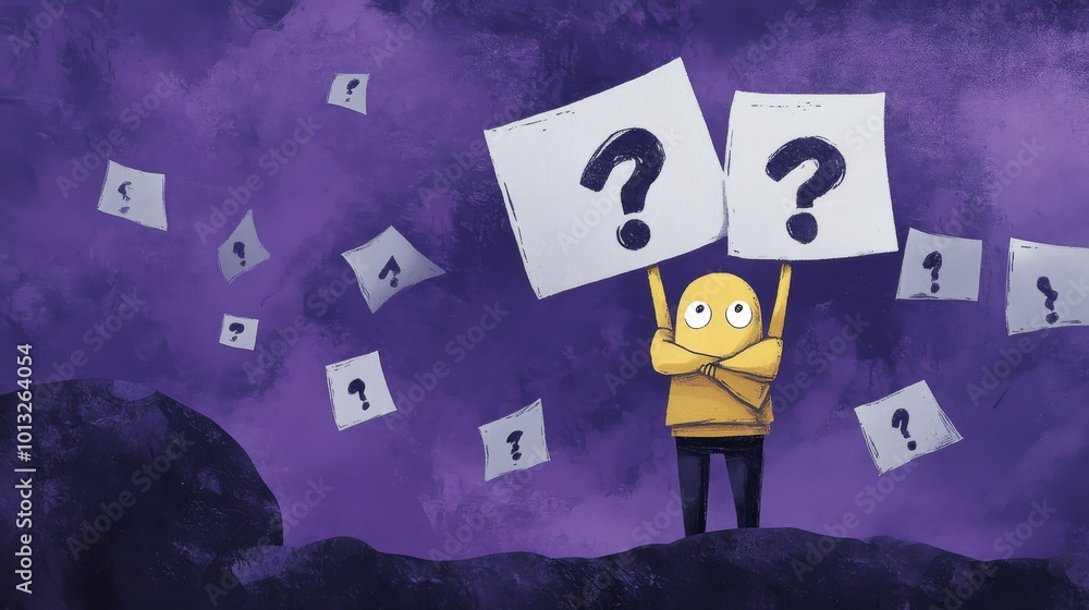 A person holding an illustration of a question mark and a sad face ...