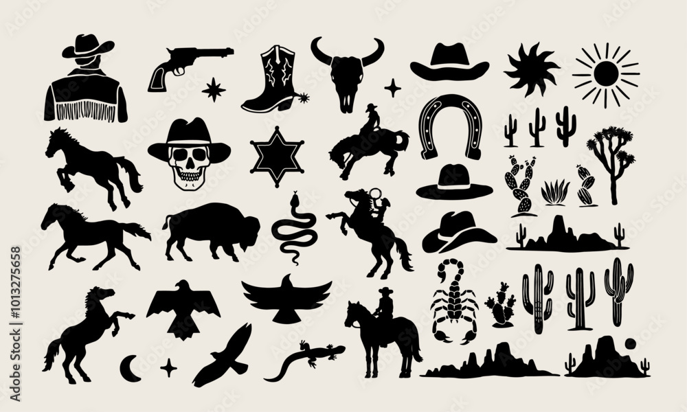 Vector set contains 45 black Western-themed icons, including cowboys ...