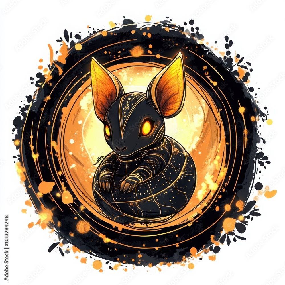 Design a playful chibi armadillo with a large head, glowing eyes, and a ...
