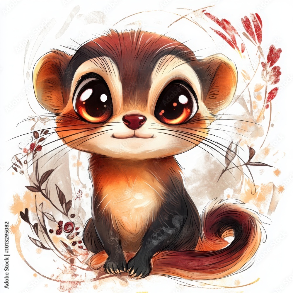 Draw a playful chibi ferret with an oversized head, big glowing eyes ...